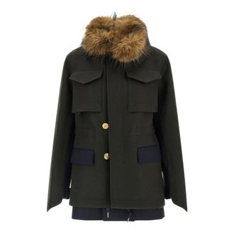 sacai Veste Hybride Melton Superpos&eacute;e - Femme - Vestes - Vert - Taille: 38 FR