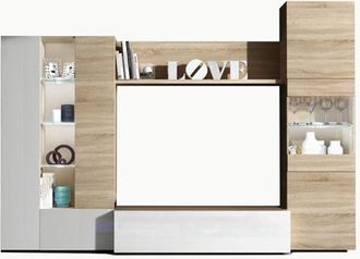 PEGANE Pegane - Meuble tv coloris Blanc Brillant / chene Canadien en melamine - Dim : 185 x 260 x 42 cm