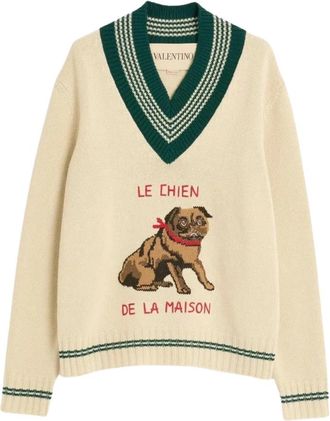 Valentino Garavani Homme, Pulls, Blanc, Taille: M Le Chien V-Neck Sweater