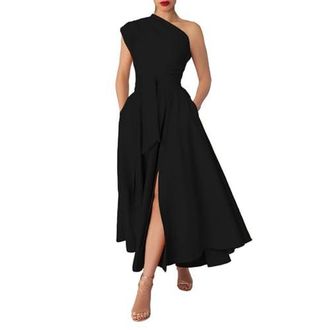 Generic Robe maxi pour femme avec bretelles &agrave; une &eacute;paule et ceinture, pour les invit&eacute;s formels de mariage avec costume pour femme, Noir, XXL