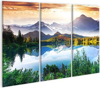 Islandburner Bild auf Leinwand Bergsee Panorama in der Morgensonne mit Schneebergen und Wald Bilder Wandbilder 130x80cm