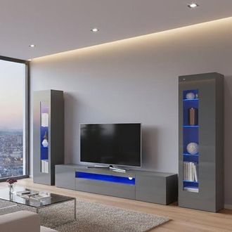 Dmora Ausgestattete Wand Enzo, TV-St&auml;nder-Wohnzimmerset, Mehrzweck-Wohnzimmerm&ouml;bel mit LED-Licht, 100 % Made in Italy, 290 x 40 x 162 cm, gl&auml;nzendes Anthraz