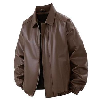 Generic Veste de moto surdimensionn&eacute;e en cuir synth&eacute;tique pour homme avec col &agrave; revers et fermeture &eacute;clair - V&ecirc;tement dext&eacute;rieur l&eacute;ger et tendance, marron, 3X