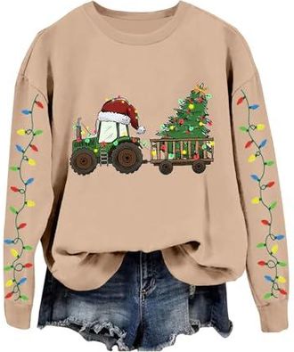 Generic Sweat-shirt de No&euml;l pour femme avec imprim&eacute; sapin de No&euml;l et col rond - Cardigan tendance &agrave; manches longues, kaki, XXL