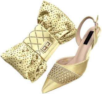 Generic Ensemble de chaussures et sac à main pour femme - Avec strass et bout pointu - Avec sac à main assorti - Pour mariage, doré, 41.5 EU