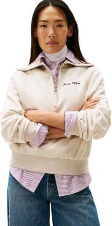 Tommy Hilfiger Sweat Zipp&eacute; Femme Classic Script Fleece Demi-Fermeture &Eacute;clair, Ivoire (Heather Oatmilk), L