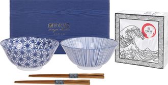 Tokyo Design Studio Nippon Blue 2-er Schalen-Set blau-wei&szlig;, &Oslash; 15 cm, ca. 500 ml, asiatisches Porzellan, Japanisches Design mit geometrischen Mustern, inkl. 2 Paar ESS-St&auml;