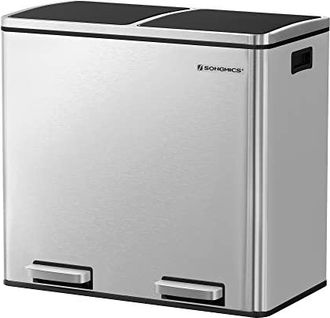 Songmics Poubelle Cuisine, 2 x 24 L, Poubelle Tri, avec P&eacute;dale, 2 Compartiments, Seaux Int&eacute;rieurs, Couvercles en Douceur, en Acier, Argent LTB48NL