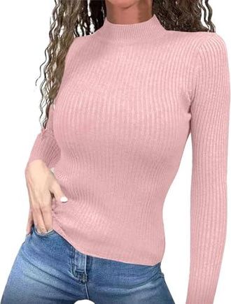 Generic Pull tricoté à manches longues et col montant pour femme - Coupe ajustée - Chaud et épais - Automne et hiver - Élégant haut de base, rose, M