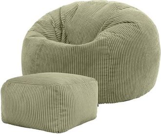 Icon Brand Kingston Sitzsack mit Hocker Cord, Salbeigrün, Sitzsack Erwachsene mit Füllung, Bean Bag, Cord Sessel, Lounge Sessel, Lounge Stuhl, Schlafzimmer, Wohn