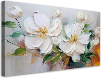 Feeby Wandbilder - Bilder Schlafzimmer - Weiß gesteppte Blumen wie gemalt - 100x50 1tlg - Wohnzimmer Bild Groß - Wohnungs - Foto Geschenk - Leinwand Wall Ar