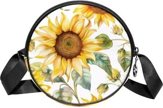 Generic Petit sac &agrave; bandouli&egrave;re rond pour femme, motif tournesol avec fermeture &eacute;clair, bretelles r&eacute;glables, style d&eacute;contract&eacute;, pour femmes et filles