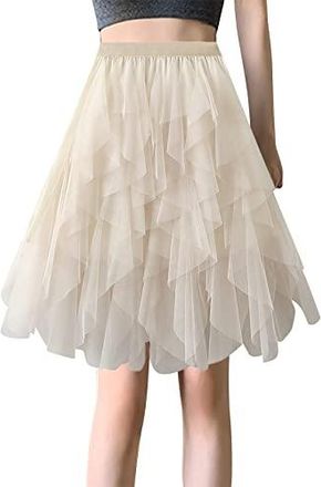 Generic Jupe tutu en tulle pour femme - Jupe de danse rockabilly - D&eacute;contract&eacute;e - Jupe de princesse &eacute;lastique en maille - Multicouche - Costume de f&ecirc;te, beige