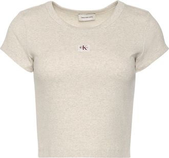 Calvin Klein Jeans Damen A- Woven Label 2X2 Rib Baby Tee LV047C200G Tees, Grau (Vanilla Heather), S, Grau (Vanilla Heather), S