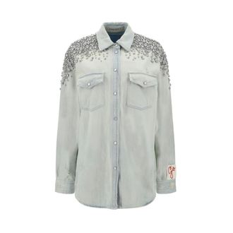 Golden Goose Femme, Blouses et Chemises, Bleu, Taille: 36 FR Chemise de petit ami à bouton-pression perle