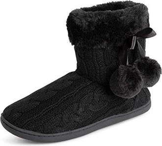 Polar Femmes Mousse A Mémoire Pom Pom Lhiver Fausse Fourrure Luxe Peluche Confortable Antidérapant Intérieure Chaussons - Noir Tricotée - UK7/EU40 - YC0714
