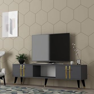 Hanah Home Stylish TV Stand, Anthracite & Gold, 150 cm x 44.6 cm x 29.6 cm | 100% Melamine Coated Particle Board, 18 mm Thick | Modern Design for Living Room