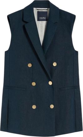 Max Mara Femme, Vestes, Bleu, Taille: 38 FR Gilet en lin &agrave; motif panier