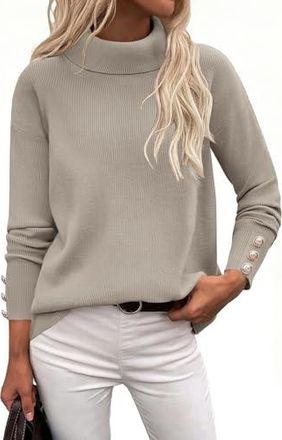 Zeagoo Pull Femme Col Roul&eacute; Tricot Hauts Hiver Chaud Col Montant Sweater Manches Longues El&eacute;gant Tendance Basique Brun Gris XXL