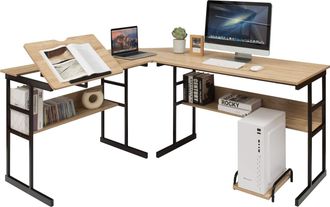 Giantex Giantex Eckschreibtisch in L-Form, 170 cm, Computer-Schreibtisch mit 2 Regalen, neigbare Platte, Centereinheit, Computertisch für Büro, platzsparend, 
