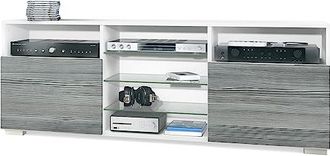 Vladon Meuble TV Granada, Lowboard avec 2 Portes et 6 Compartiments Ouverts, Corps Blanc Mat, façades en avola-Anthracite (146 x 54 x 35 cm)