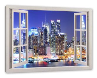 Pixxprint New York Skyline Brücke, Fenster, Größe: 120x80cm, Leinwandbild, fertig gespannt, Wandbild, Dekoration, Kunstdruck, kein Poster
