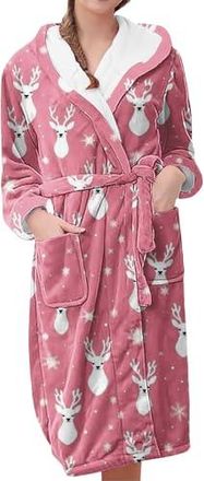 Generic Robe de chambre de No&euml;l pour femme en polaire sherpa imprim&eacute;e super douce en peluche - V&ecirc;tement de nuit long &agrave; capuche - Motif graphique moche, 1 rose