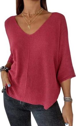 Minetom Shirt Manches 3/4 Femme Pull Col V Pullover Hauts Casual Lâche Chandail Tricot Tunique Chemise Tops B Rouge XXL