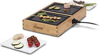 Princess Dinner4Two Tischgrill mit Bambus, Raclette, 2 Grill- und 2 Servierplatten, 420W, 2m Kabellänge, 104020