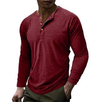 Generic Henley Chemise &agrave; manches longues d&eacute;contract&eacute;e unie avec col en V et boutons pour homme - T-shirt l&eacute;ger et respirant pour printemps et automne - Hauts 