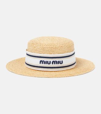 Miu Miu Chapeau canotier en raphia &agrave; logo