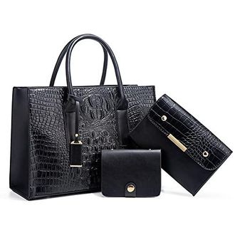 Generic Lot de 3 sacs &agrave; main pour femme avec poign&eacute;e sur le dessus, sac &agrave; bandouli&egrave;re tendance crocodile, grand sac fourre-tout pour femme, Noir, Large