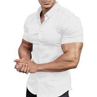 Generic Chemise habill&eacute;e coupe ajust&eacute;e pour homme, chemise daffaires &agrave; manches courtes, couleur unie, chemises formelles grande taille, hauts boutonn&eacute;s, haut 