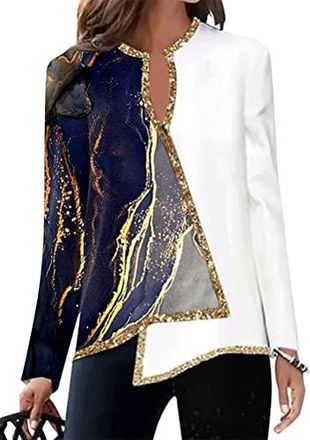 Onsoyours Femmes T-Shirt Patchwork De Paillettes Manches Longues Col V Chemisier Brillantes Tops Chemisier Haut Élégant Chic Tops Mode P Blanc XXL