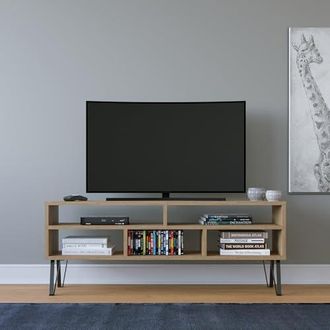 Hanah Home Stylish Oak TV Stand, 120 cm Wide, 25 cm Deep, 46.6 cm High | 100% Melamine Coated Particle Board, 18 mm Thick | Wall-Mountable with Multiple Shelves