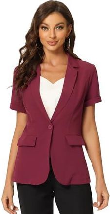 Allegra K Blazer à manches courtes pour femme 1 bouton Veste de costume de bureau Bordeaux XS