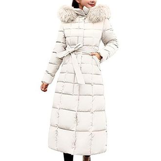 Generic Manteau dhiver long et chaud pour femme, doudoune longue et l&eacute;g&egrave;re pour femme, manteau matelass&eacute; avec capuche en fourrure, ceinture, manteau dhiver ch