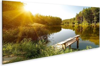 Islandburner Leinwandbild Sonnenuntergang am Waldsee mit Steg und reflektierendem Wasser - Leinwand 120x40cm - Panorama