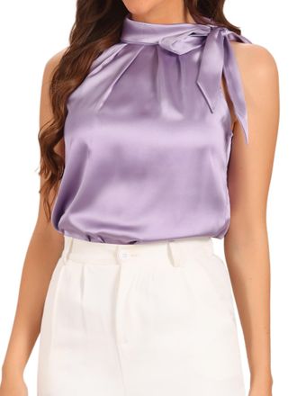 Allegra K Damen &Auml;rmellos Satin Top Elegant R&uuml;schen Stehkragen Bluse Schleife Oberteil Hell Lila L