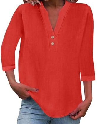 Generico Chemise Femme en Coton Lin Élégant Grande Taille Décontracté Blouse Confortable Respirant Été T-shirt Travail Bureau Manches 3/4 Tricot Tees avec Bout