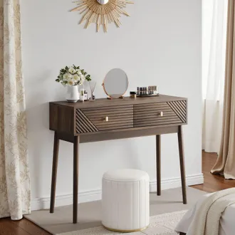 Urban Meuble Coiffeuse vintage avec 2 tiroirs et design ondul&eacute; et poign&eacute;es dor&eacute;es 100x35x80cm