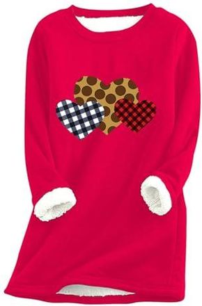 Generic Sweat-shirt long &agrave; col rond et col rond avec motif imprim&eacute; en forme de coeur d&eacute;contract&eacute; en polaire chaude pour lautomne et lhiver 2026, Rouge, 3XL