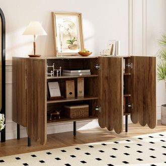 STILVORA Buffet et Enfilade 120&times;35&times;80 cm avec 2 Portes Ondul&eacute;es sans Poign&eacute;es, &Eacute;tag&egrave;res R&eacute;glables, en MDF, Noyer