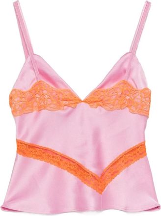 Msgm Msgm, Femme, Tops, Rose, Taille: 36 FR Haut &agrave; col en V avec d&eacute;tails en dentelle