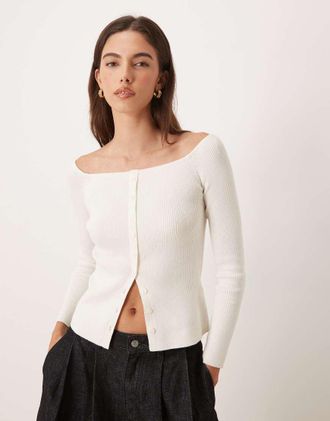 Abercrombie & Fitch Schulterfreies Oberteil in Creme mit durchgehender Knopfleiste-Wei&szlig;