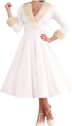 Generic Robe Cocktail Femme - Robe de Soir&eacute;e dhiver &Eacute;l&eacute;gante pour Femme avec Col en V et Manches Longues Tenue de F&ecirc;te Trap&egrave;ze R&eacute;tro et Fantaisie pour C&eacute;l&eacute;bra