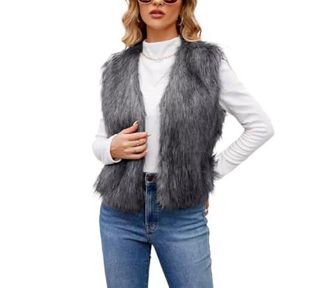 Generic Veste Gilet en Fausse Fourrure floue pour Femme Gilet sans Manches Ouvert sur Le Devant v&ecirc;tements dext&eacute;rieur (Grey,3TG)