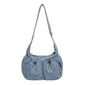 Generic Sac &agrave; bandouli&egrave;re en denim de couleur unie avec plusieurs poches, grande capacit&eacute;, sac fourre-tout Hobo pour le travail et les sorties, bleu clair, 30