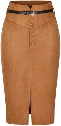 Allegra K Jupe en Simili Daim pour Jupe Fendue trapèze boutonnée à Taille Haute pour Femme Marron L