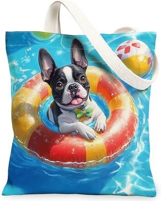 Generic Sac fourre-tout amusant en toile pour faire du shopping avec chien terrier de Boston 33 x 38,1 cm, sac &agrave; bandouli&egrave;re r&eacute;utilisable pour femme, peinture